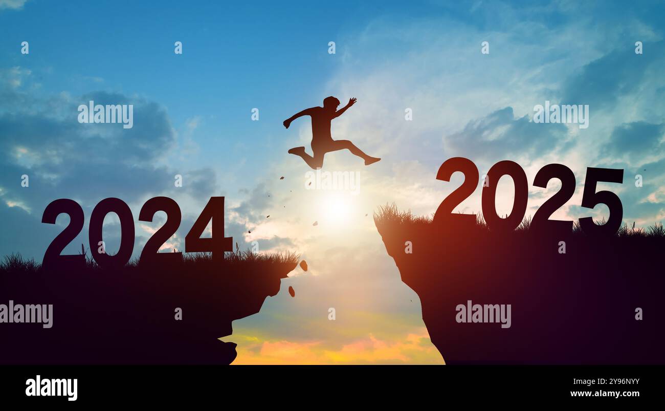 Welcome merry Christmas and Happy new year in 2025. Man jumping across ...