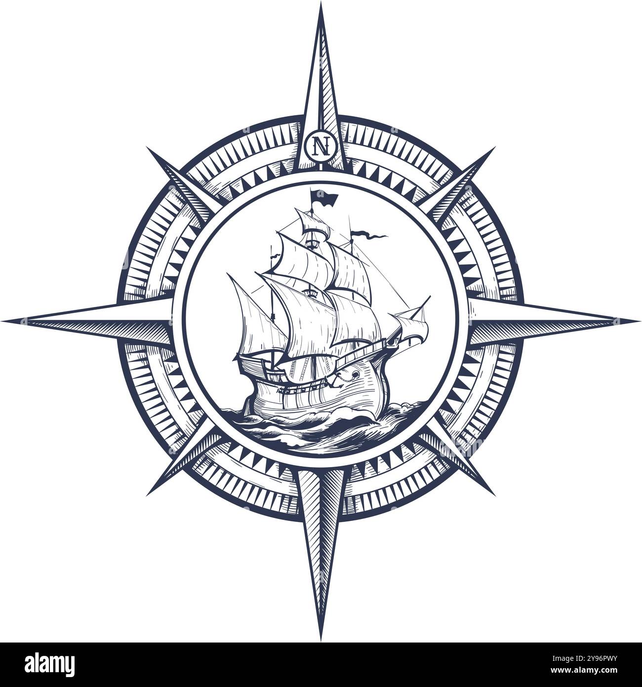 Nautical Windrose with Sailing Ship inside Engraving Vector ...