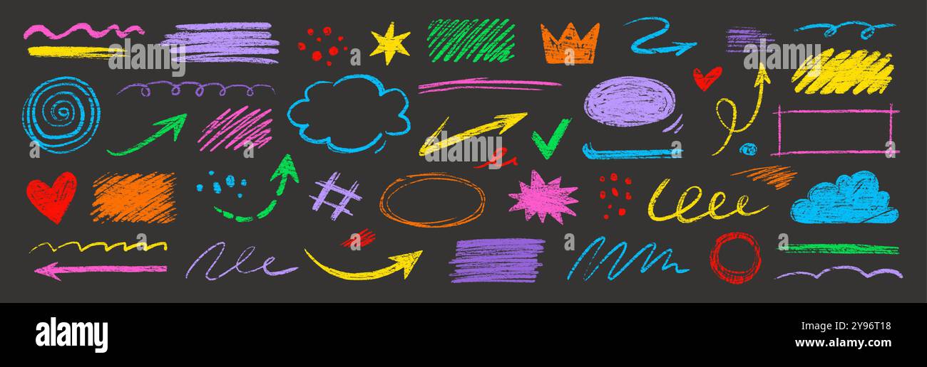 Crayon pencil color brush hand drawn chalk vector element set. Scribble ...