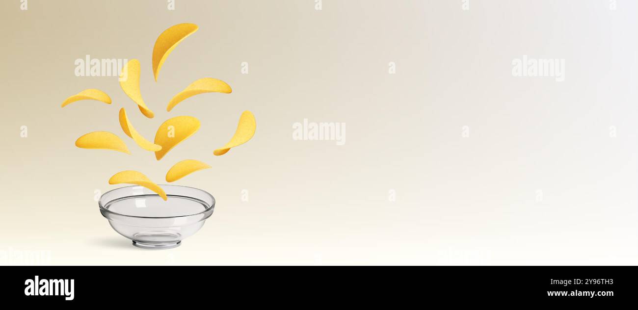 Potato chips falling in glass bowl isolated on beige background. Vector ...