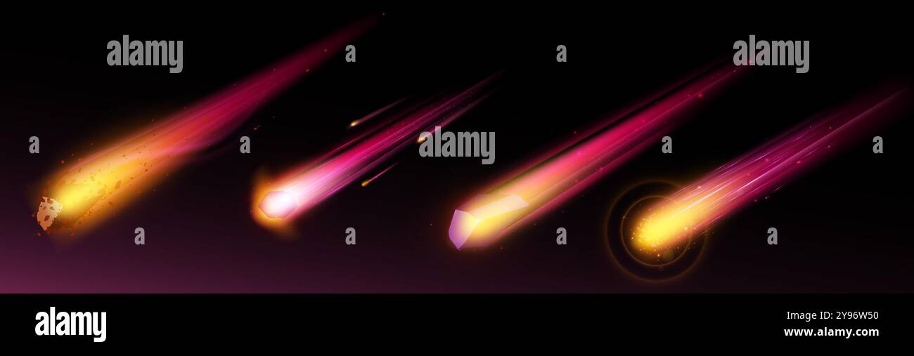 Comet or asteroid fire light trail in space vector. Meteorite fall with ...
