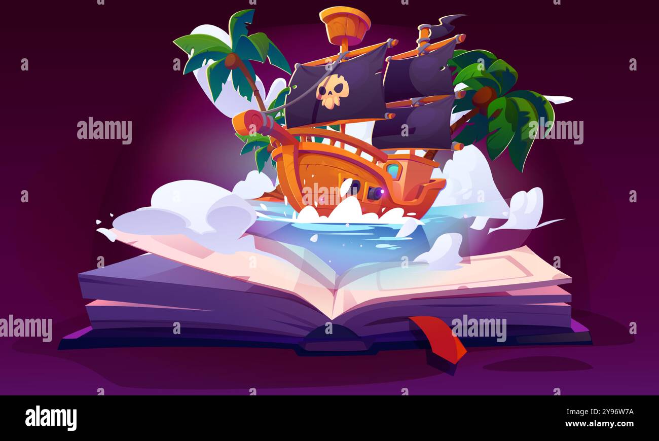 Open magic paper book with illustration of tale about pirate ship with ...