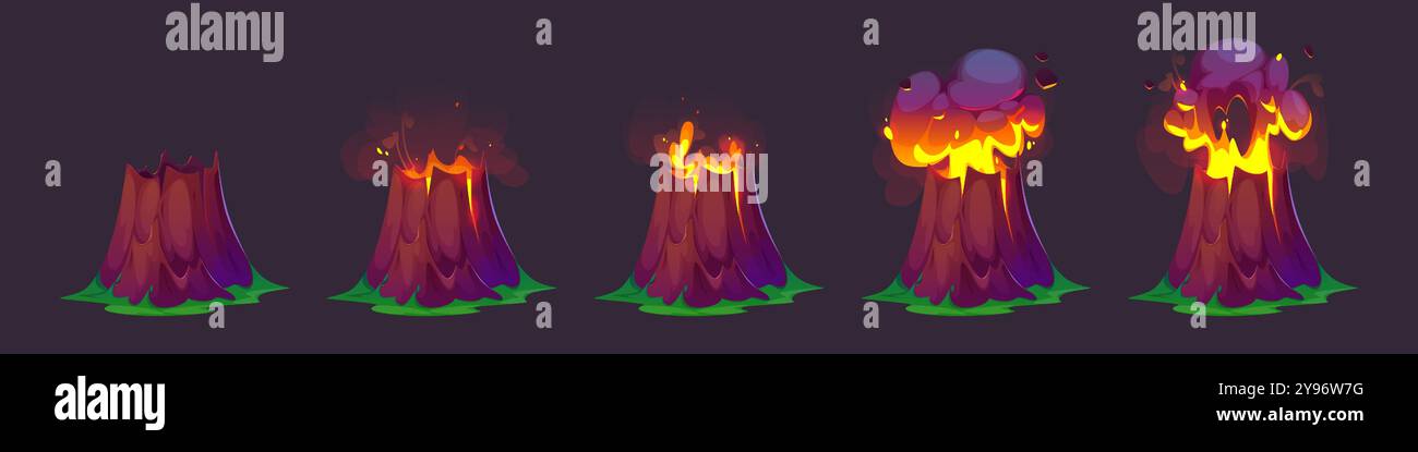 Volcano lava eruption. Vulcano mountain with smoke and fire. Active ...