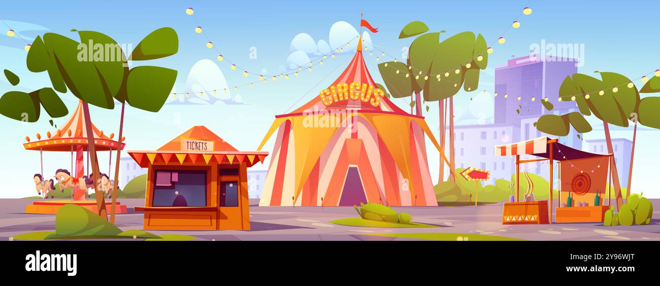 Circus tent in urban amusement park. Vector cartoon illustration of ...