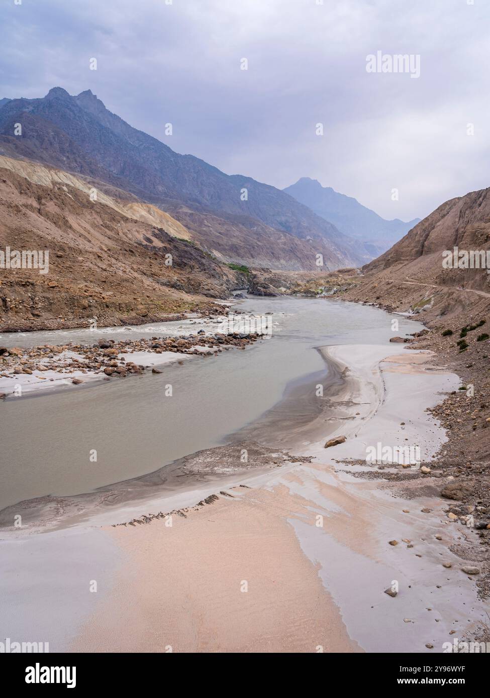 Vertical landscape view of Indus river valley near Chilas, Diamer ...