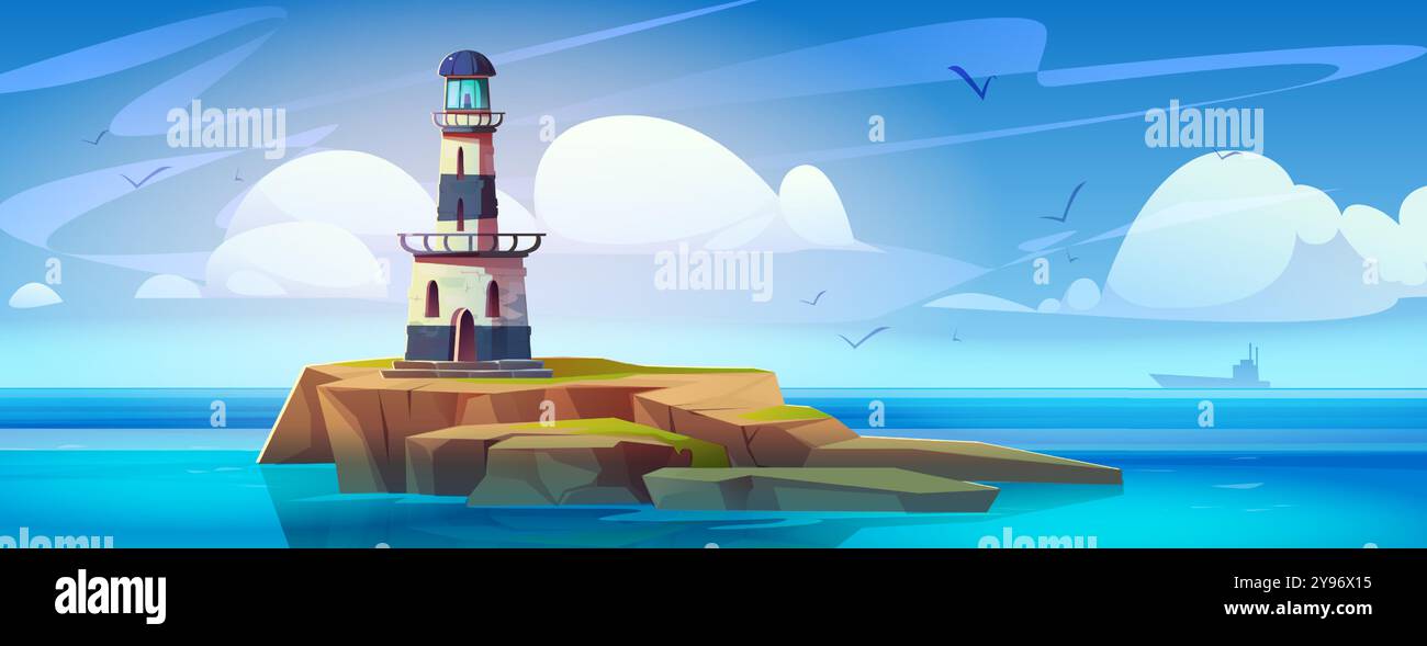 Cartoon sea or ocean landscape with vintage lighthouse on island with ...