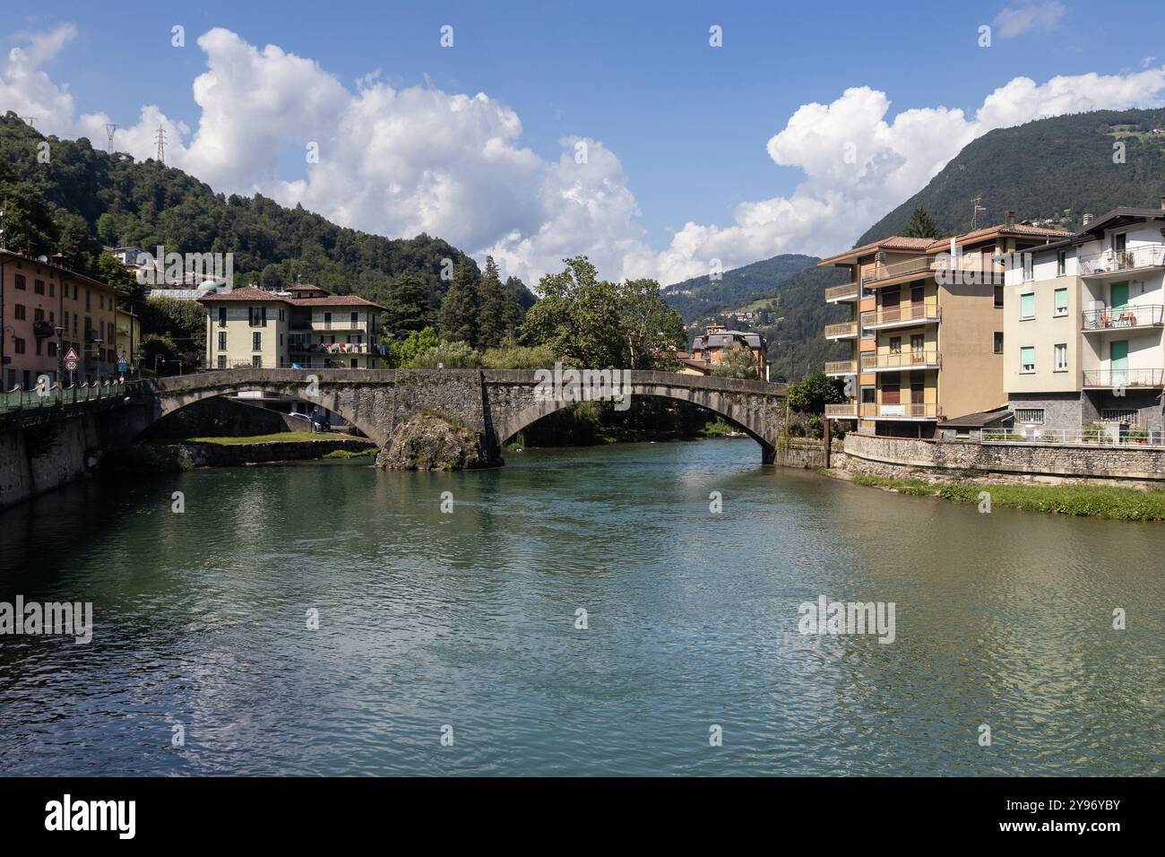 The beautiful old bridge 'Ponte Vecchio' over the Brembo River at San ...