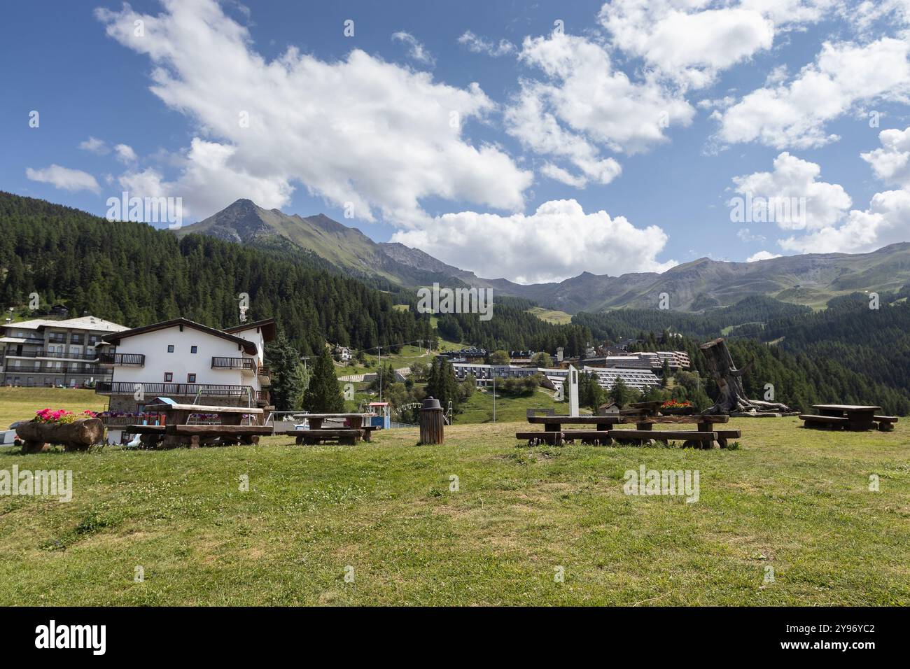 View of the Pila Ski Resort, in the Aosta Valley in Italy, in summer ...
