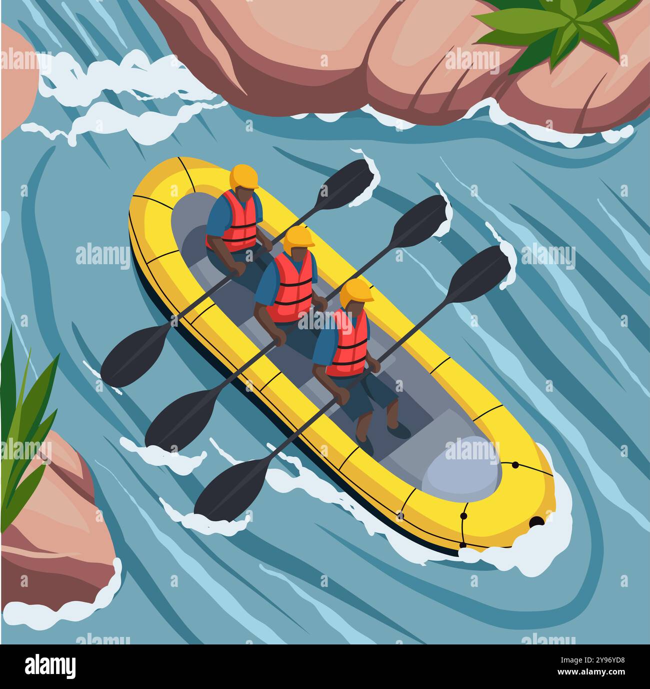 Vector illustration of African people doing rafting on river top view ...