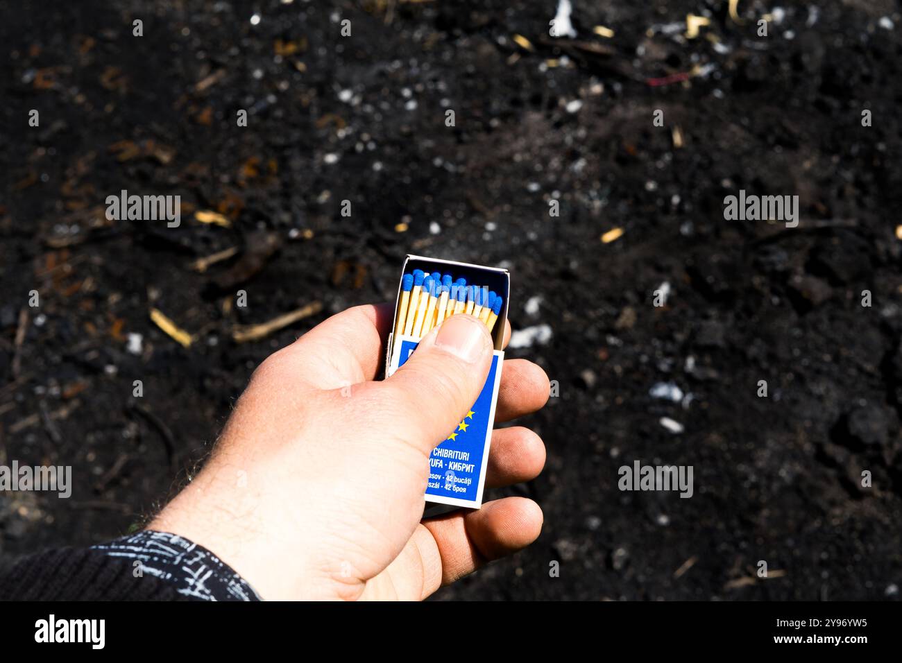 Setting fire to a picnic fire . Burning matches in hands Stock Photo ...