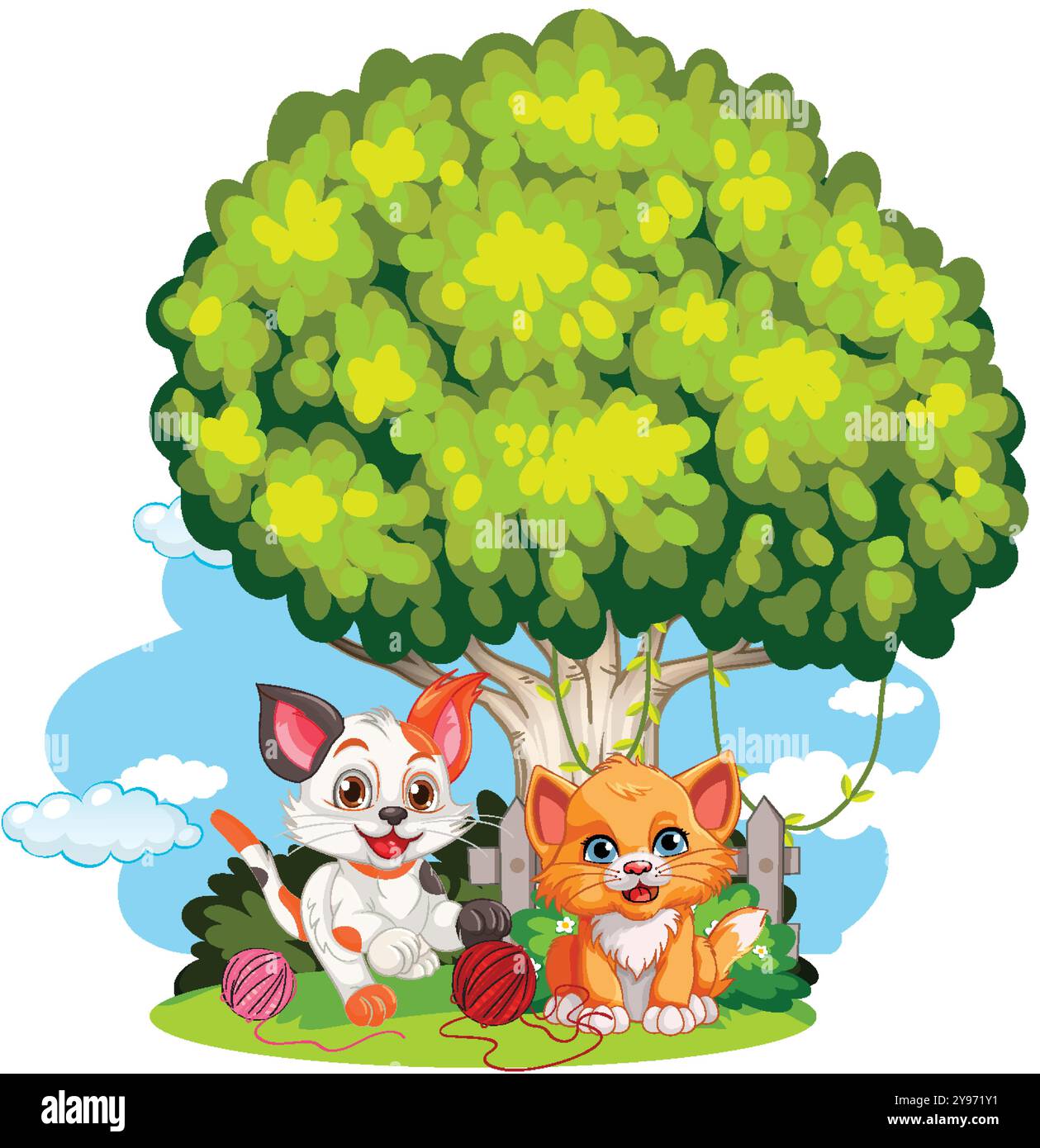 Two kittens playing with yarn balls outdoors Stock Vector Image & Art ...