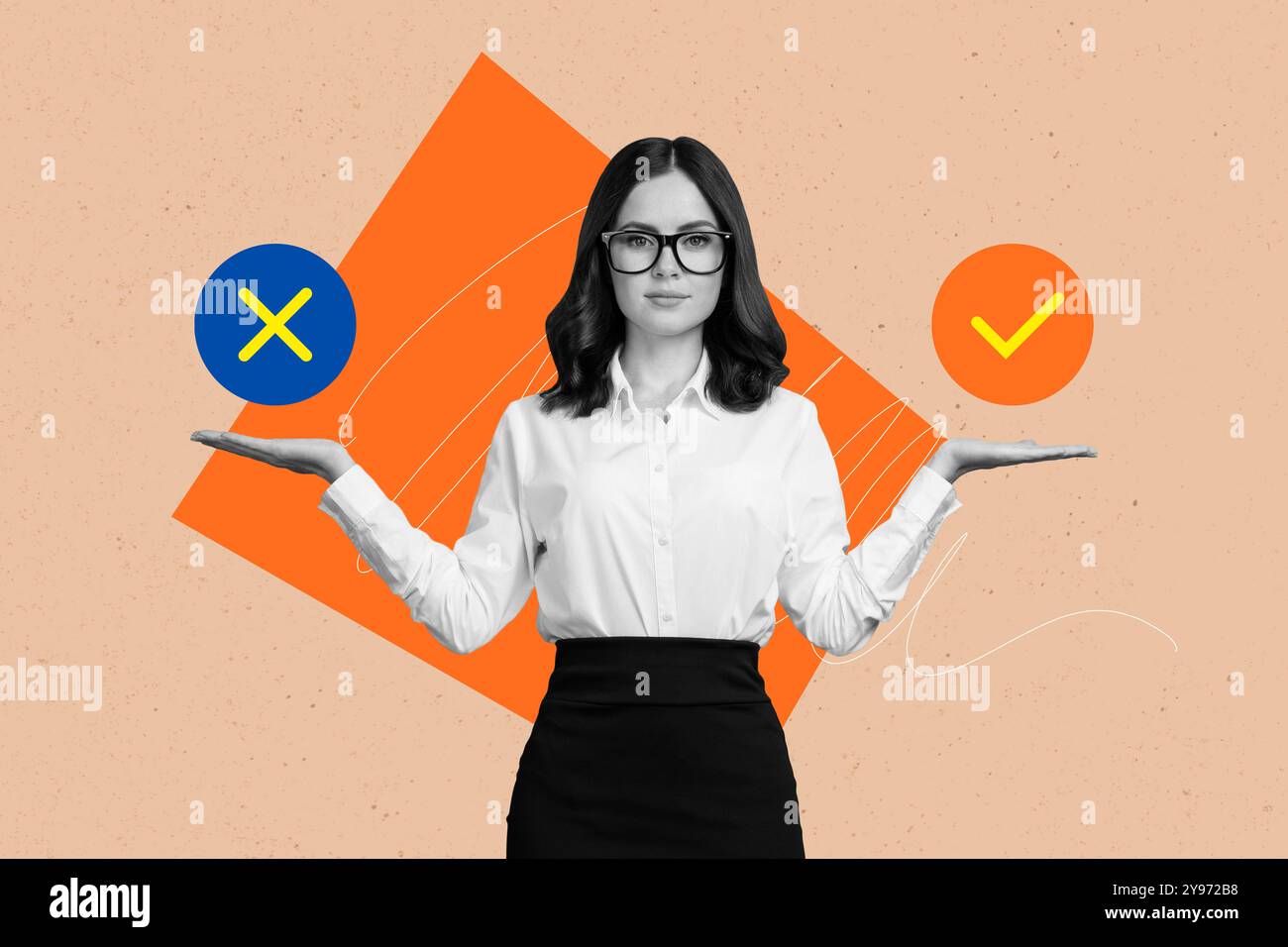 Composite photo collage of happy businesswoman choose option cross ...