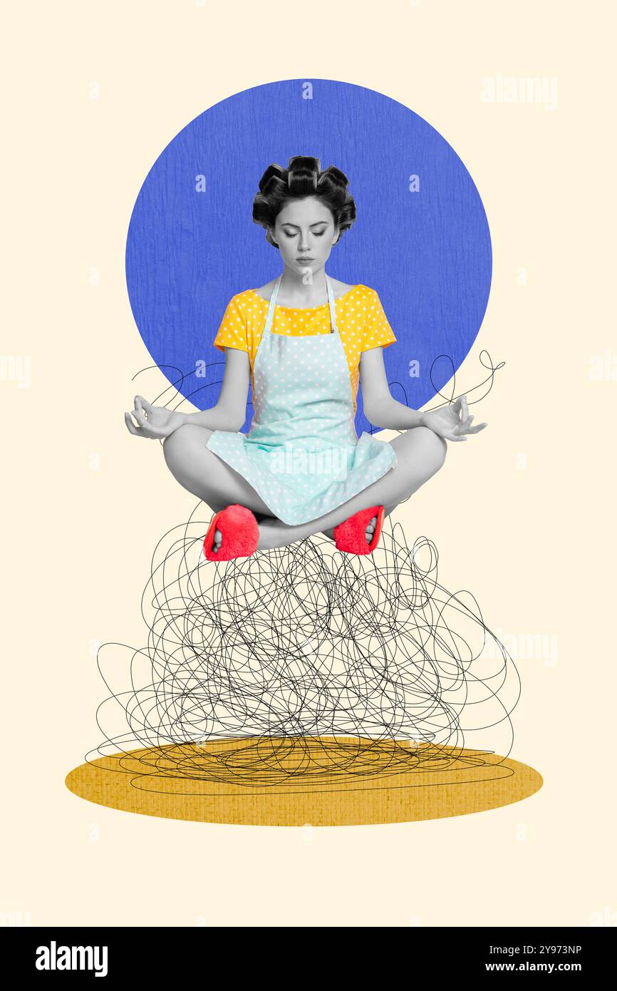 Vertical poster collage young woman houseworker levitate drawing ...