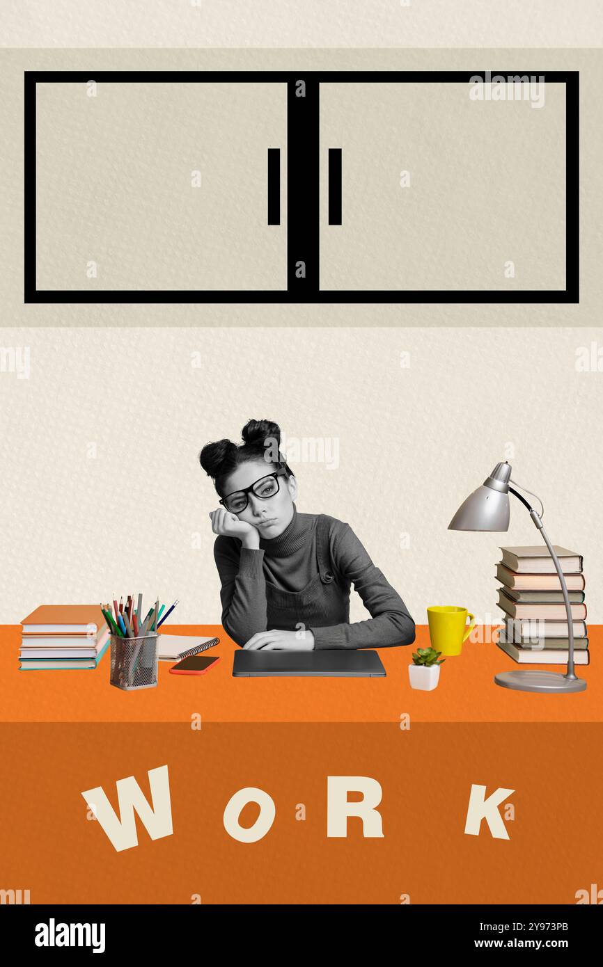 Vertical poster collage young woman office worker tired exhausted bored ...