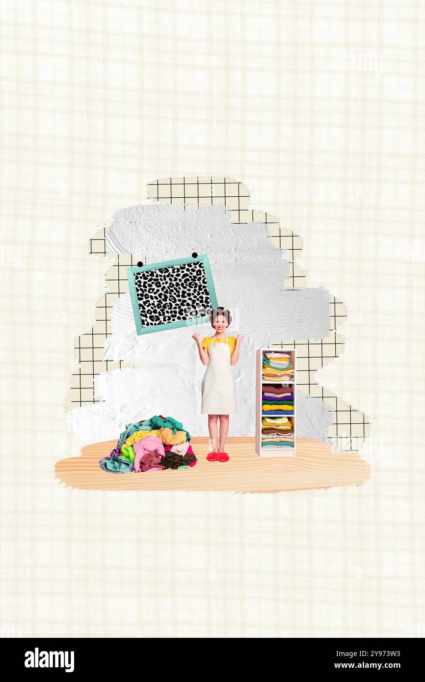 Vertical photo collage of angry irritated housemaid perfectionist stand ...