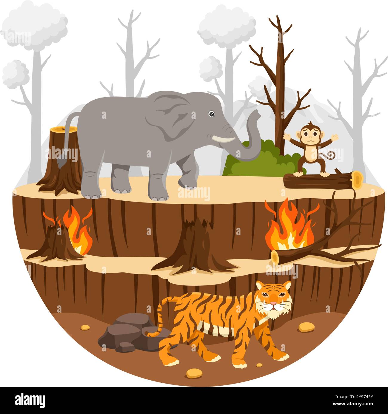 Deforestation Vector Illustration featuring a Felled Forest with Trees ...