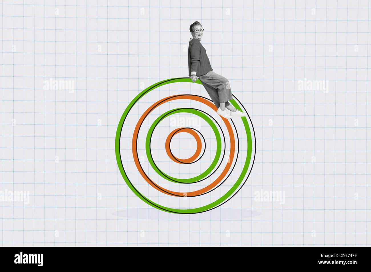 Composite photo collage of happy aged woman sit target development ...