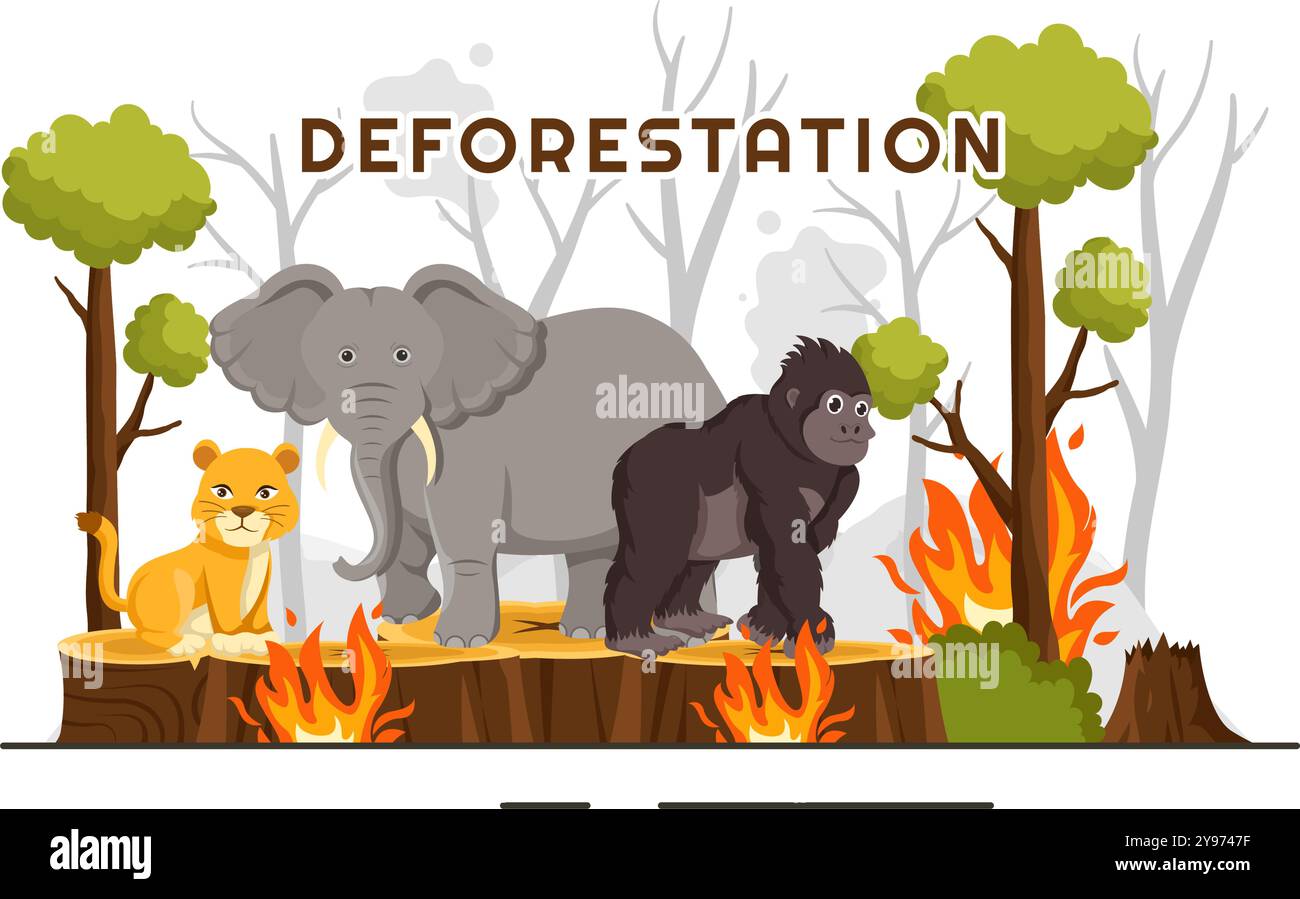 Deforestation Vector Illustration featuring a Felled Forest with Trees Burning, Creating ...
