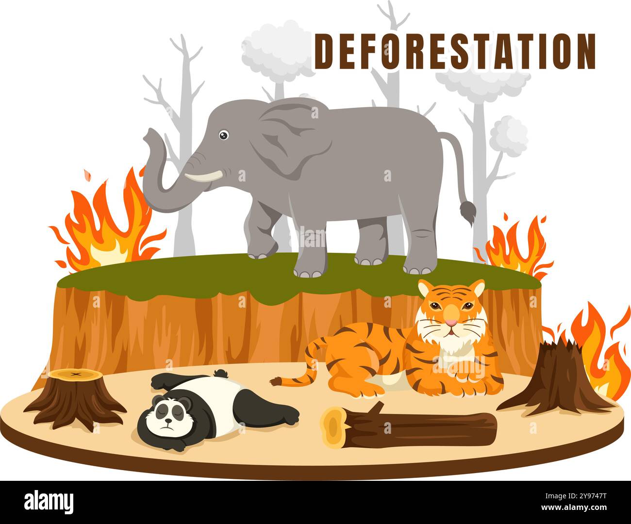 Deforestation Vector Illustration featuring a Felled Forest with Trees Burning, Creating ...