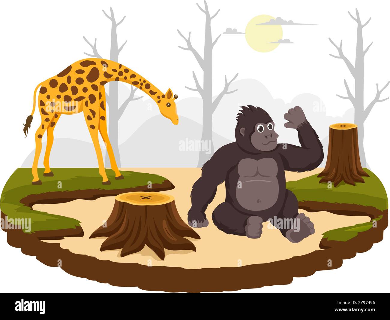 Deforestation Vector Illustration featuring a Felled Forest with Trees Burning, Creating ...