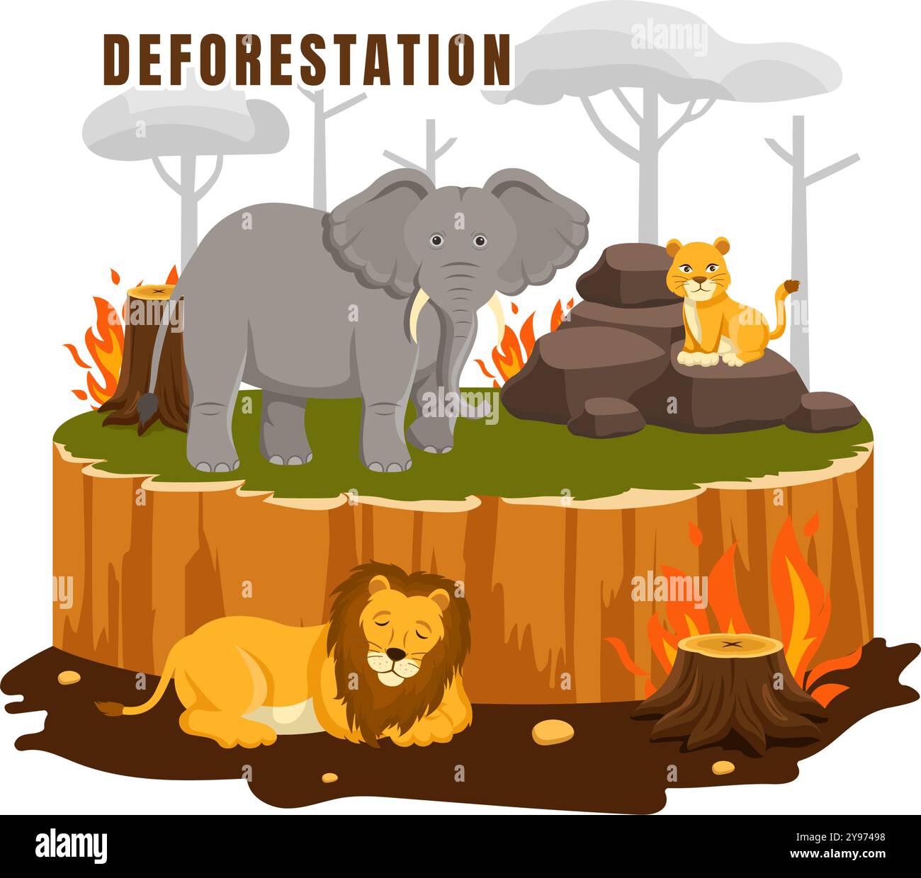 Deforestation Vector Illustration featuring a Felled Forest with Trees Burning, Creating ...