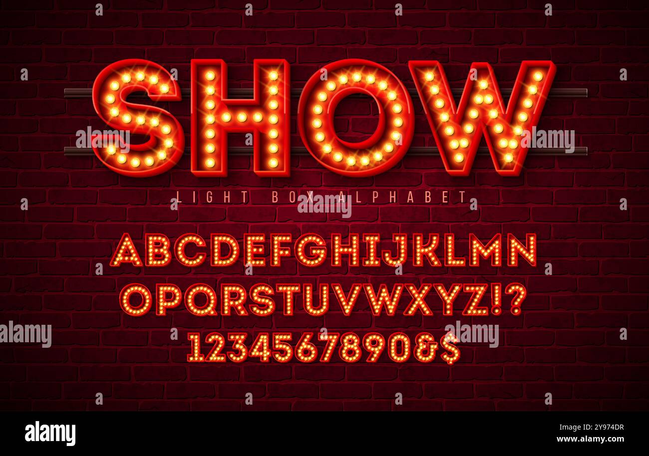 Light Bulb Alphabet with Red Frame Box and Shadow on Vintage Brick Wall ...