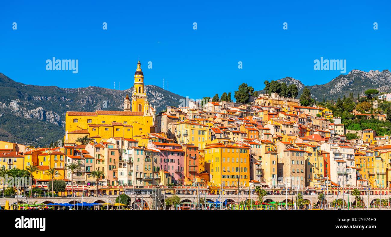 The old town of Menton in the Alpes Maritimes and its yellow facades ...