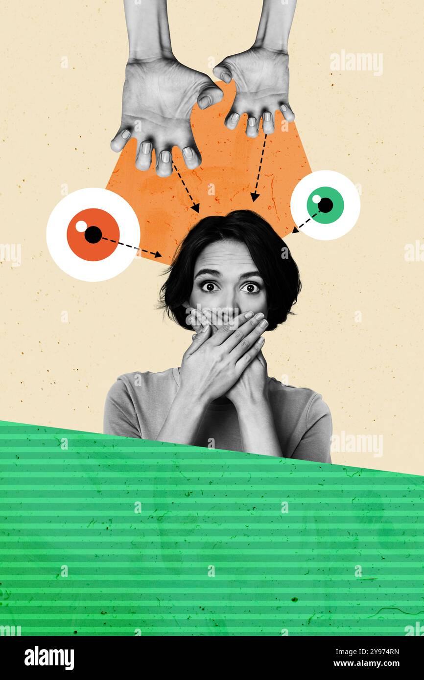 Trend artwork 3D sketch image collage of monochrome young lady shocked ...