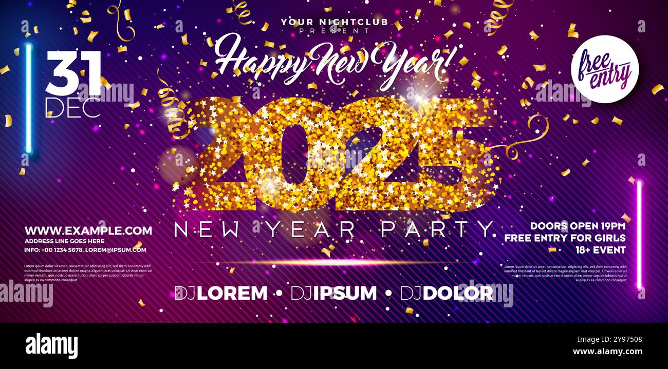 Happy New Year 2025 Party Banner Template Design with Glittered Number ...