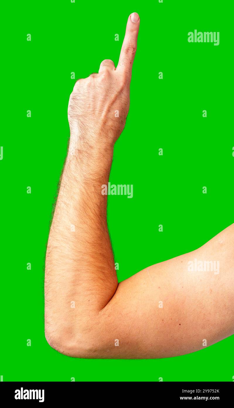 human arm gesturing with raised fingers against a bright green backdrop ...