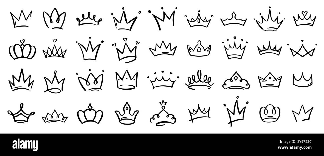 Crown. Hand drawn doodle crowns, including majestic king and queen ...