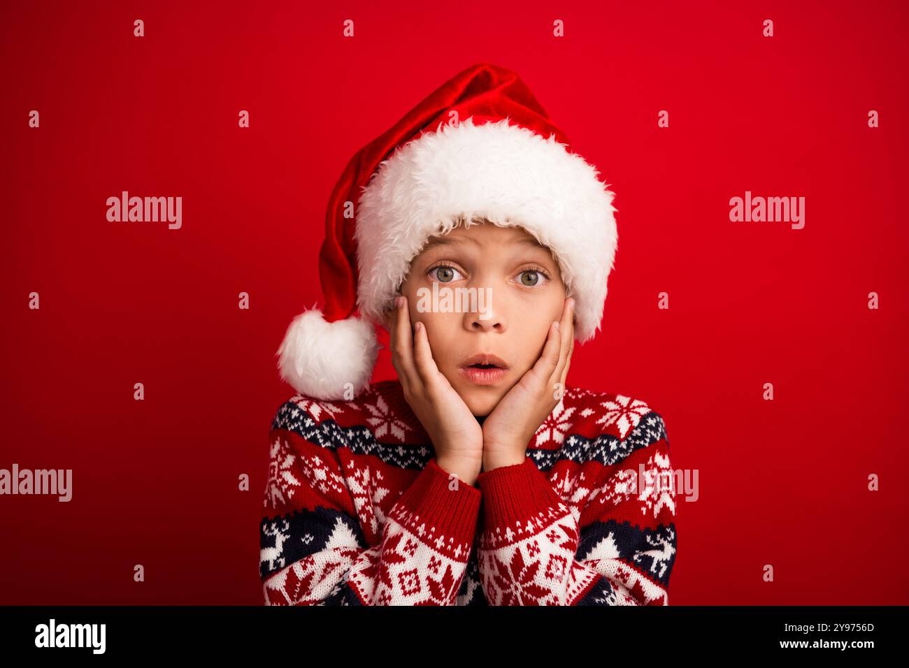 Photo portrait of cute little boy shocked reaction touch cheeks ...