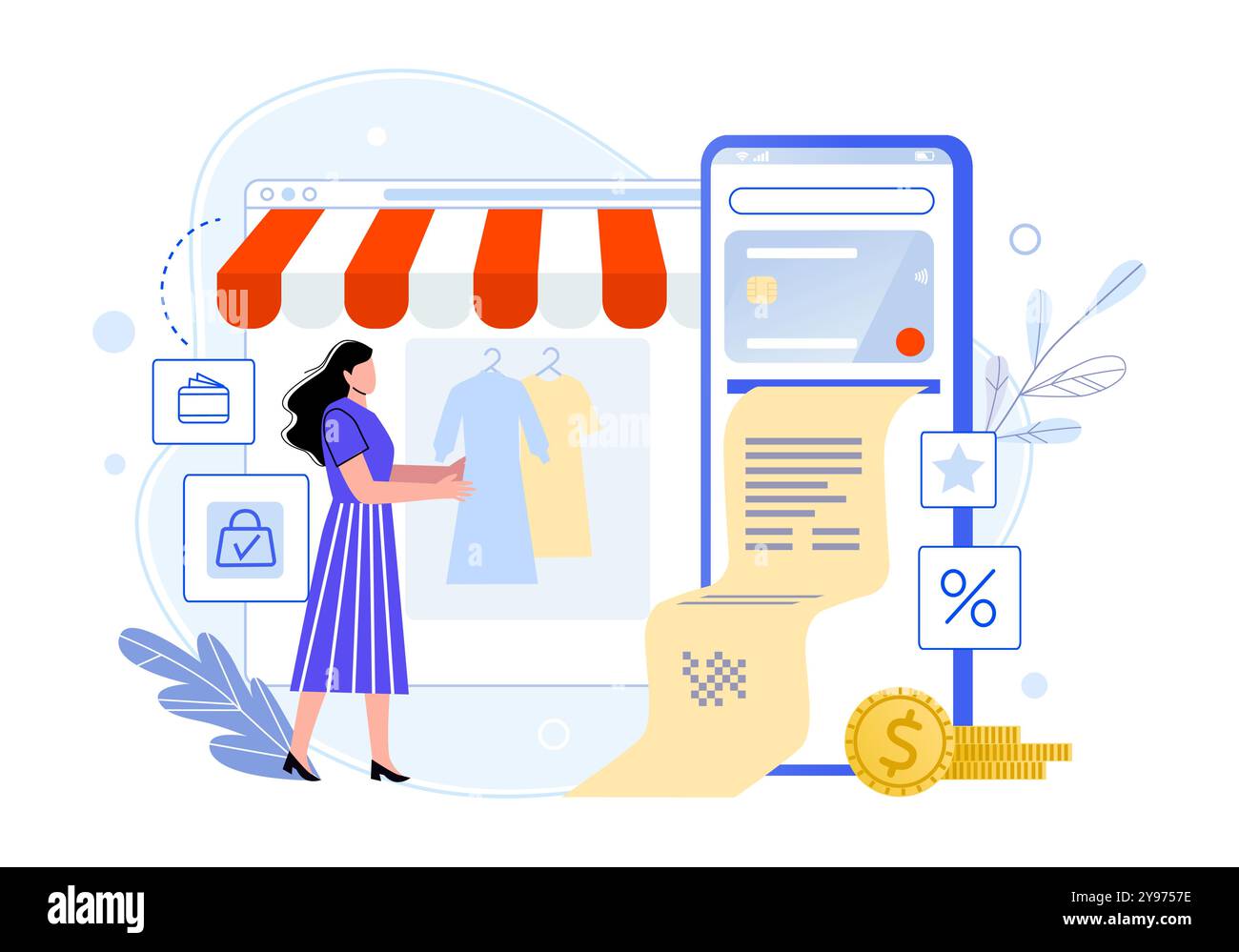 Woman with a mobile device to shop for clothing, displaying a shopping ...