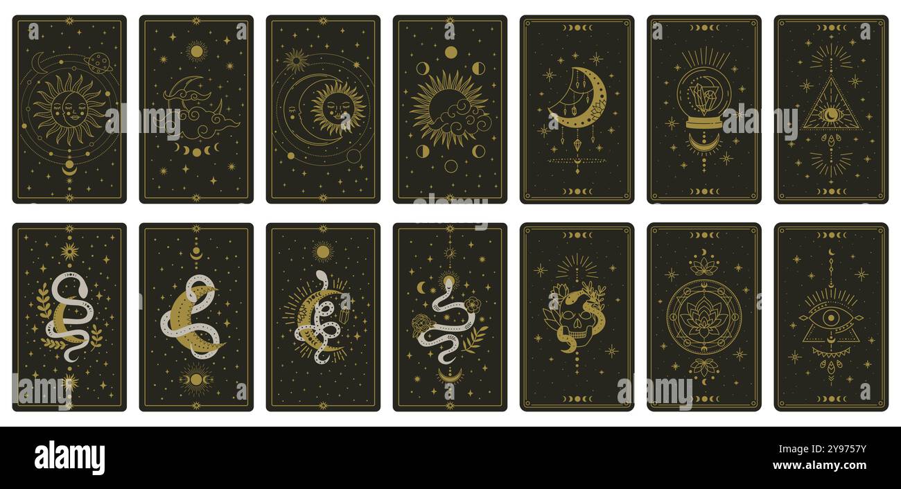 Tarot cards featuring intricate celestial and mystical designs arranged ...