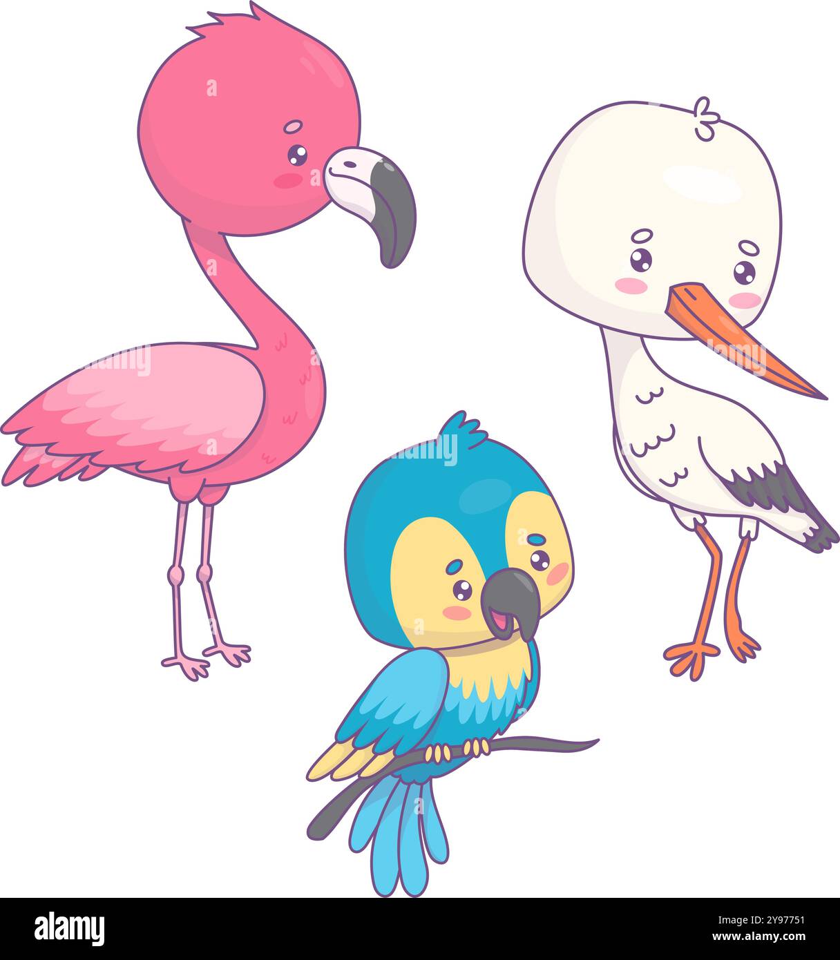 Cute birds collection. Pink flamingo, white stork and blue parrot ...