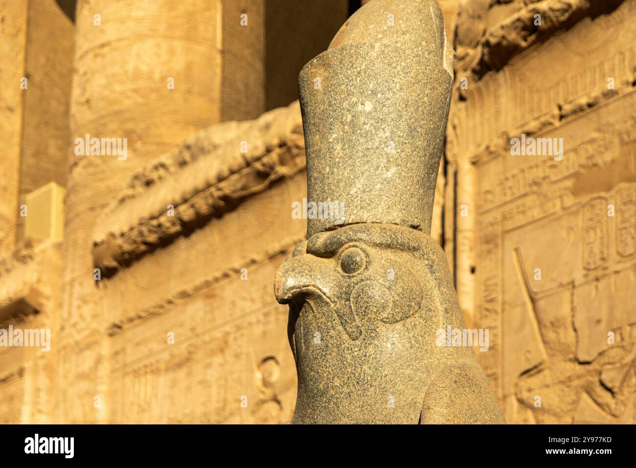 The statue of Horus, adorned with the crown of Egypt, as he watches ...