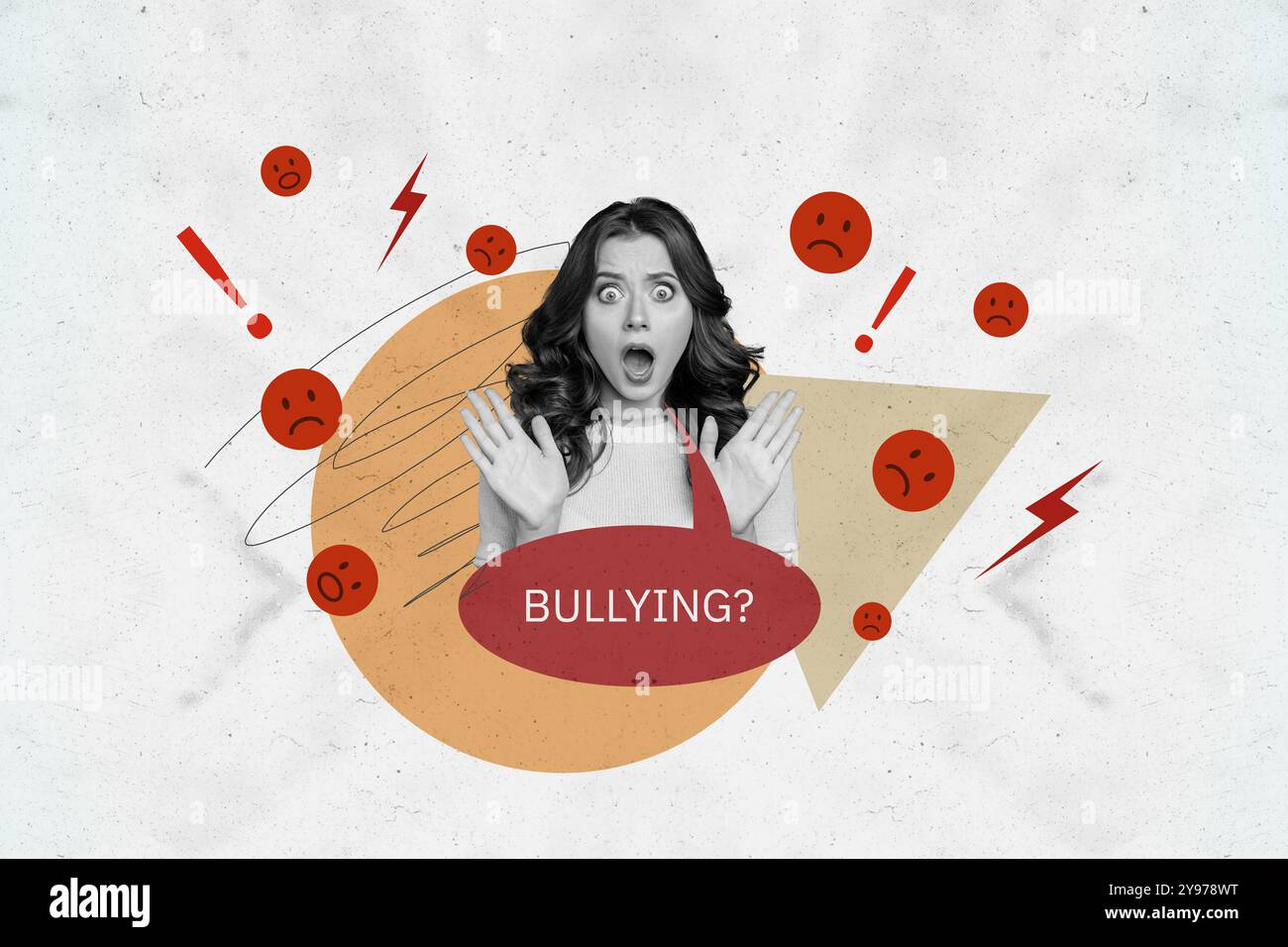Composite photo collage of astonished girl bullying concept bad emoji ...