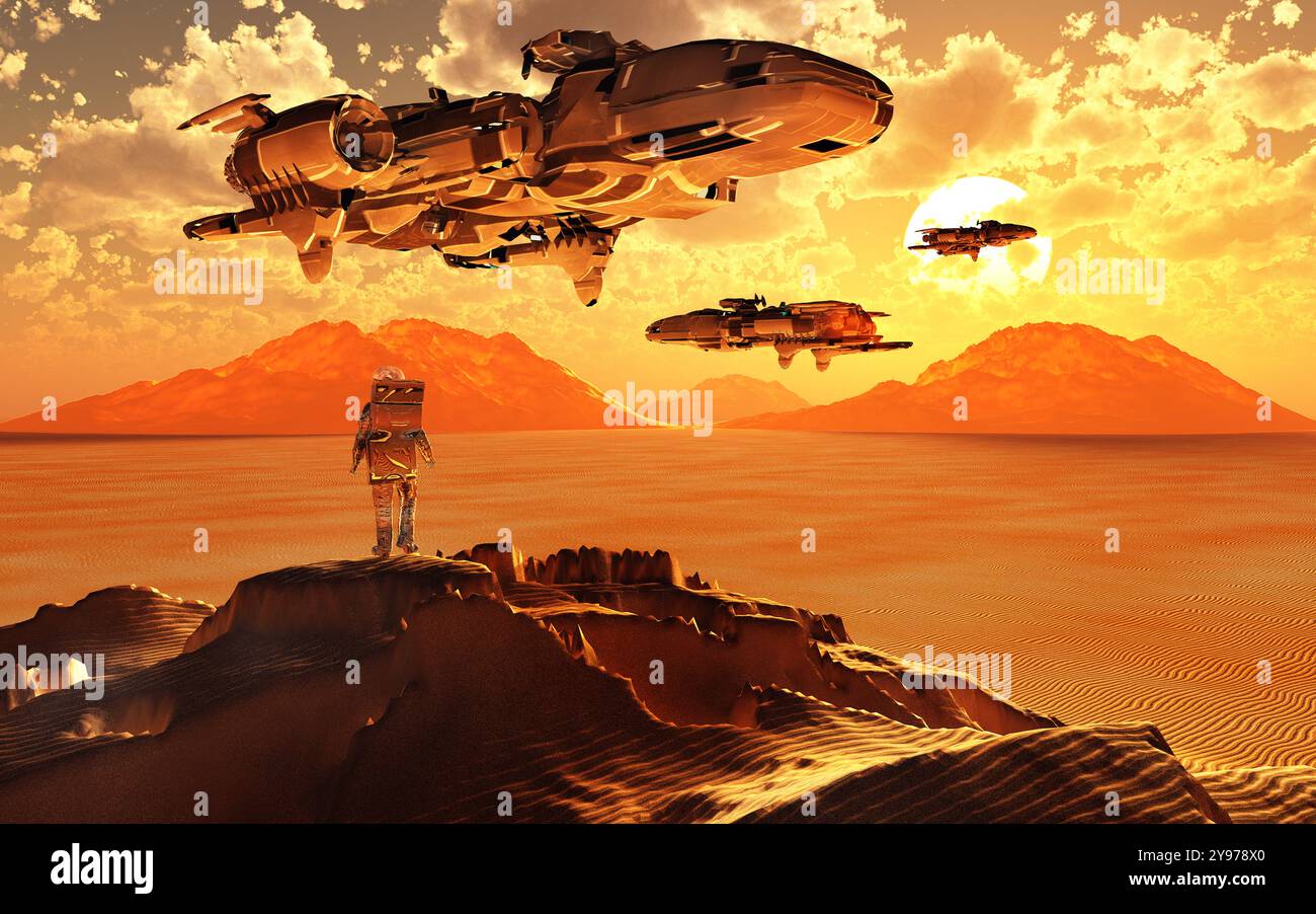 Humanoids Colonizing An Alien Exoplanet Stock Photo - Alamy