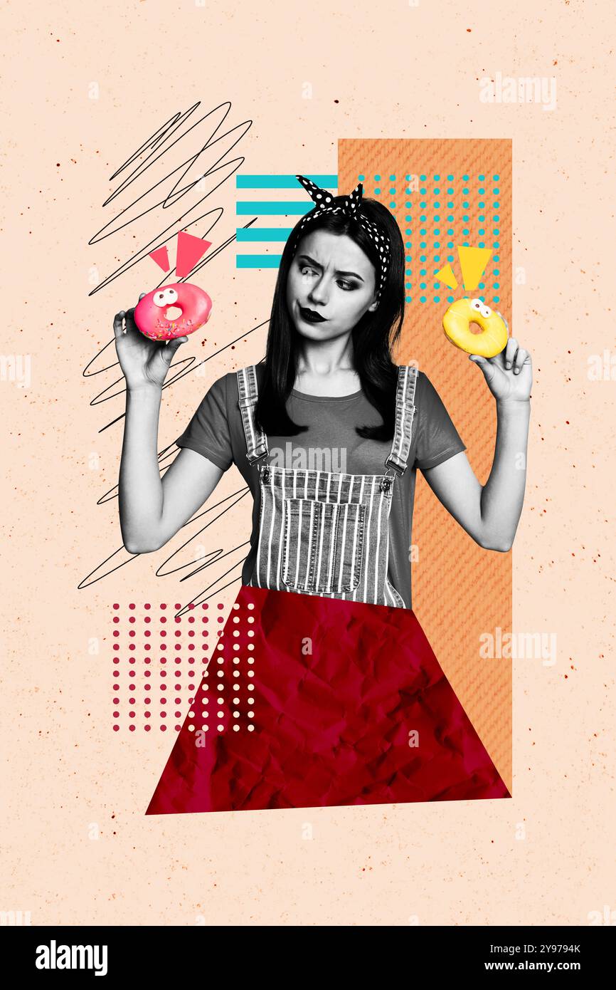 Vertical photo collage of hungry thoughtful gild hold two donuts ...