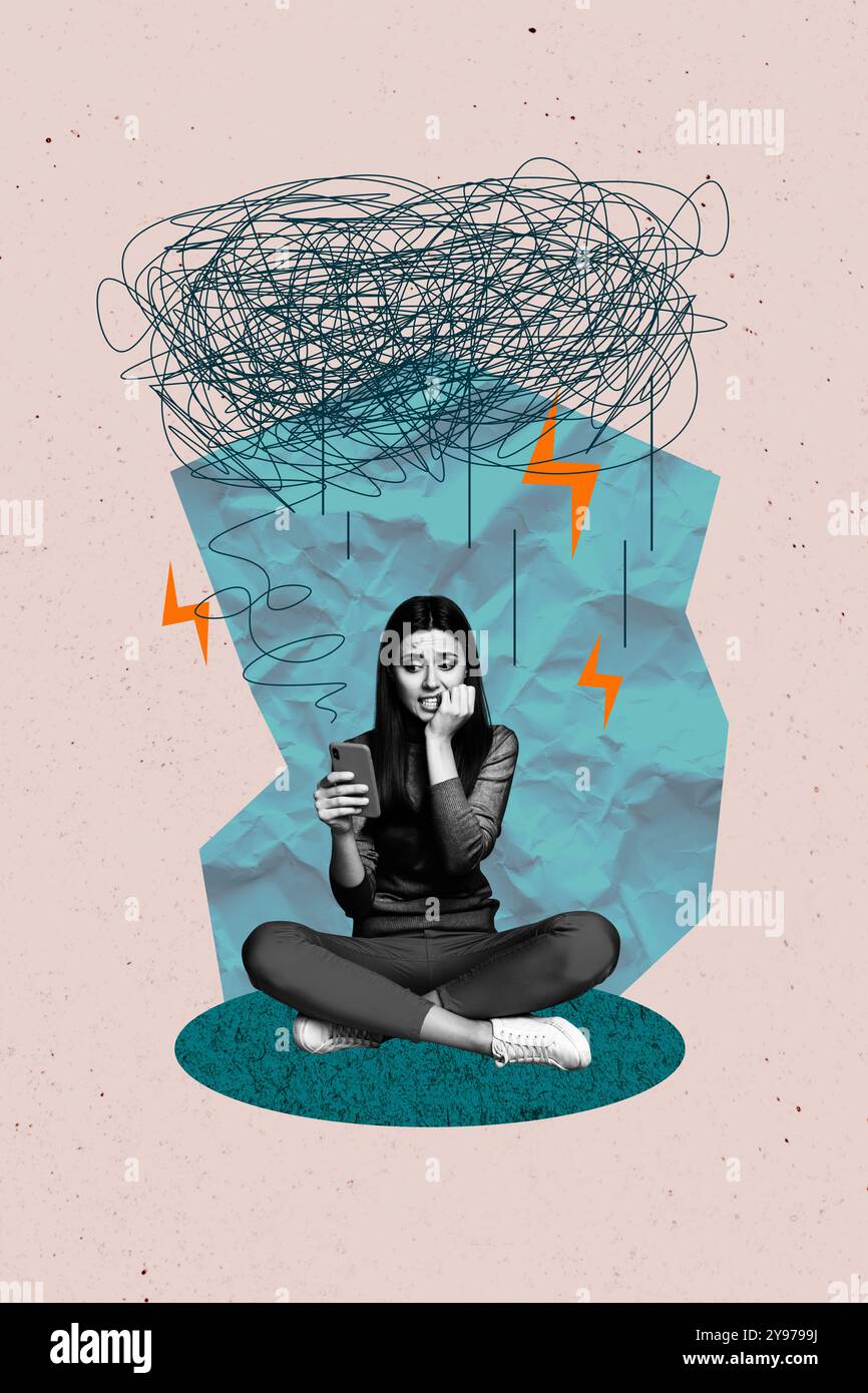 Vertical photo collage of scared girl hold phone social media ...