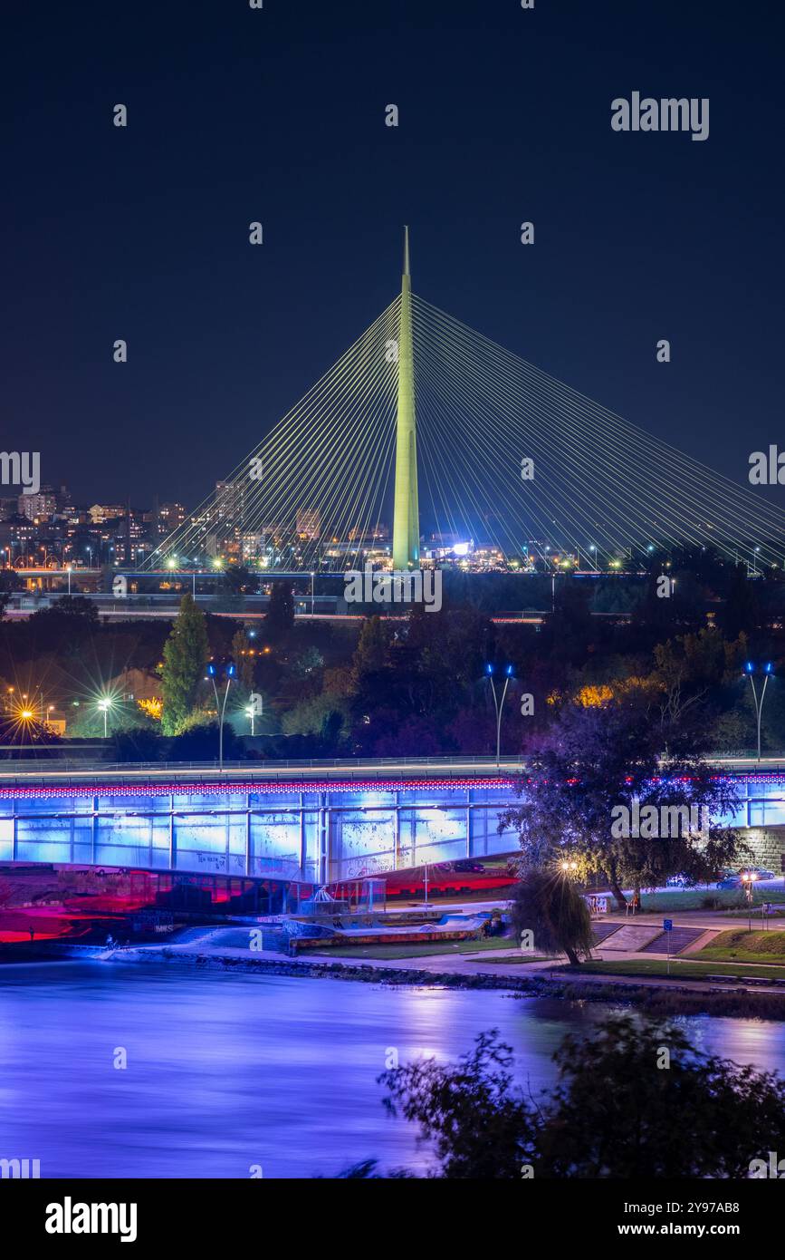 Night view of Ada Bridge, cable-stayed bridge over Sava river in ...