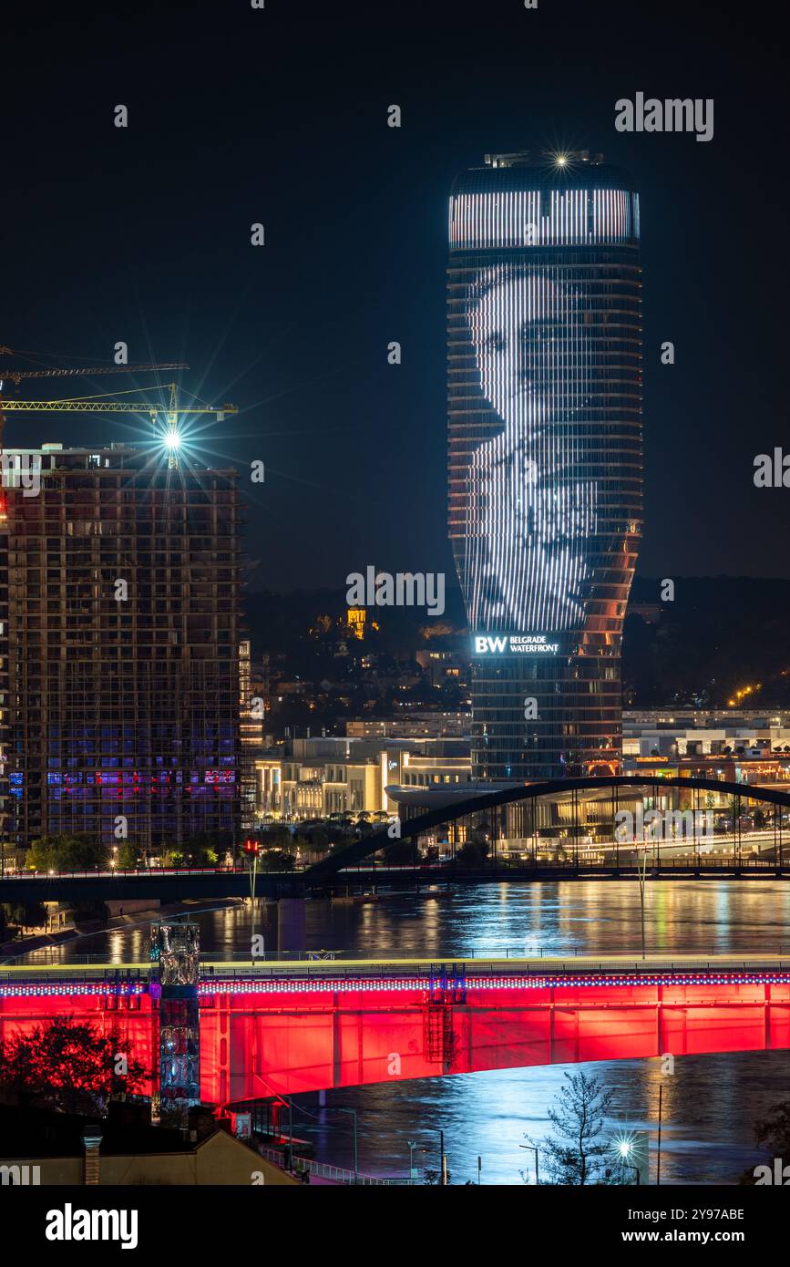 Night view of Belgrade tower (Kula Beograd) skyscraper in Belgrade ...