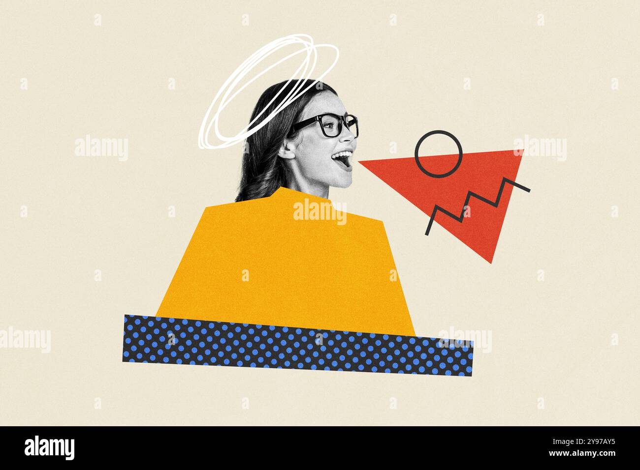 Creative photo collage picture young woman say tell share opinion ...