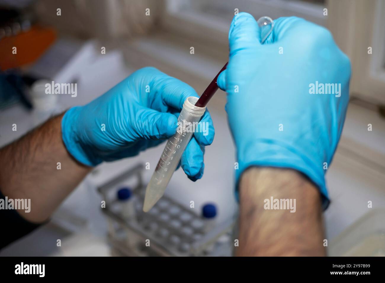 A scientist processes blood samples in a biochemical laboratory Stock ...
