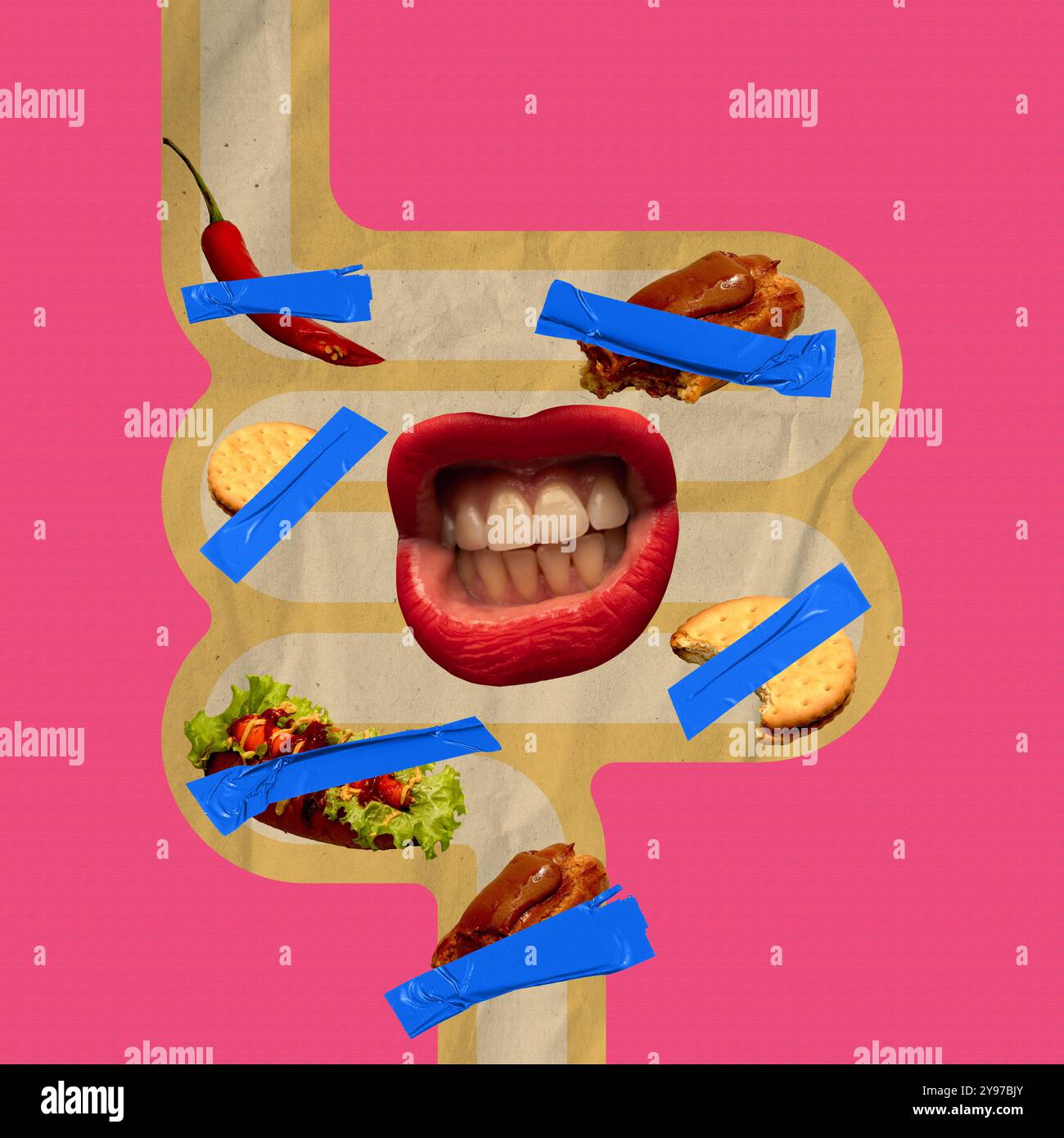 Digestive system blocked by unhealthy food. Consequences of poor eating ...