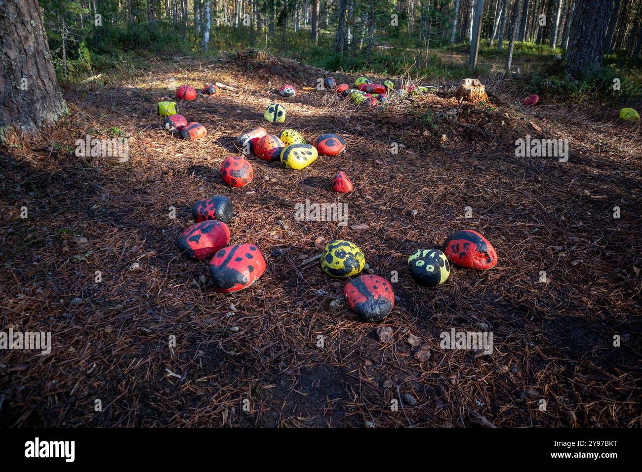 hand painted rocks in the woods outdoors Stock Photo - Alamy