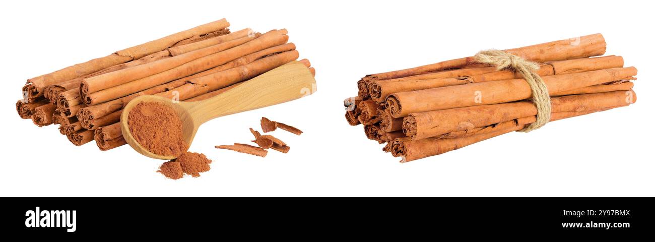 Cinnamon sticks with powder in wooden spoon isolated on white ...