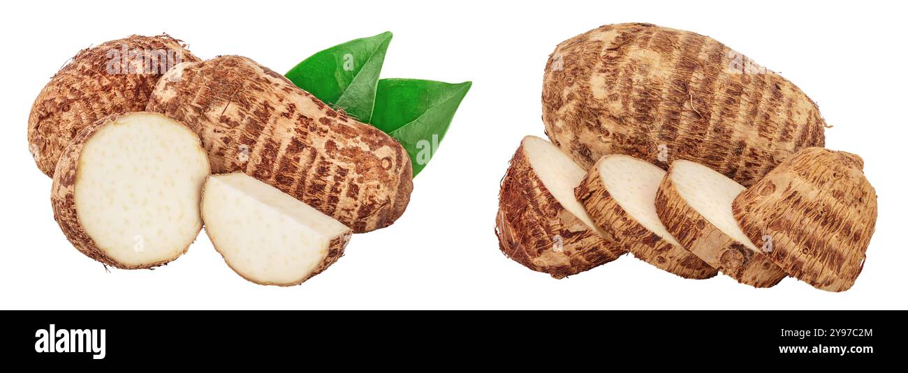 fresh taro root with slices and leaf isolated on white background Stock ...