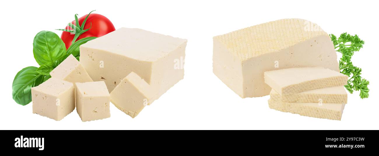 Heap of diced tofu cheese isolated on white background with full depth ...
