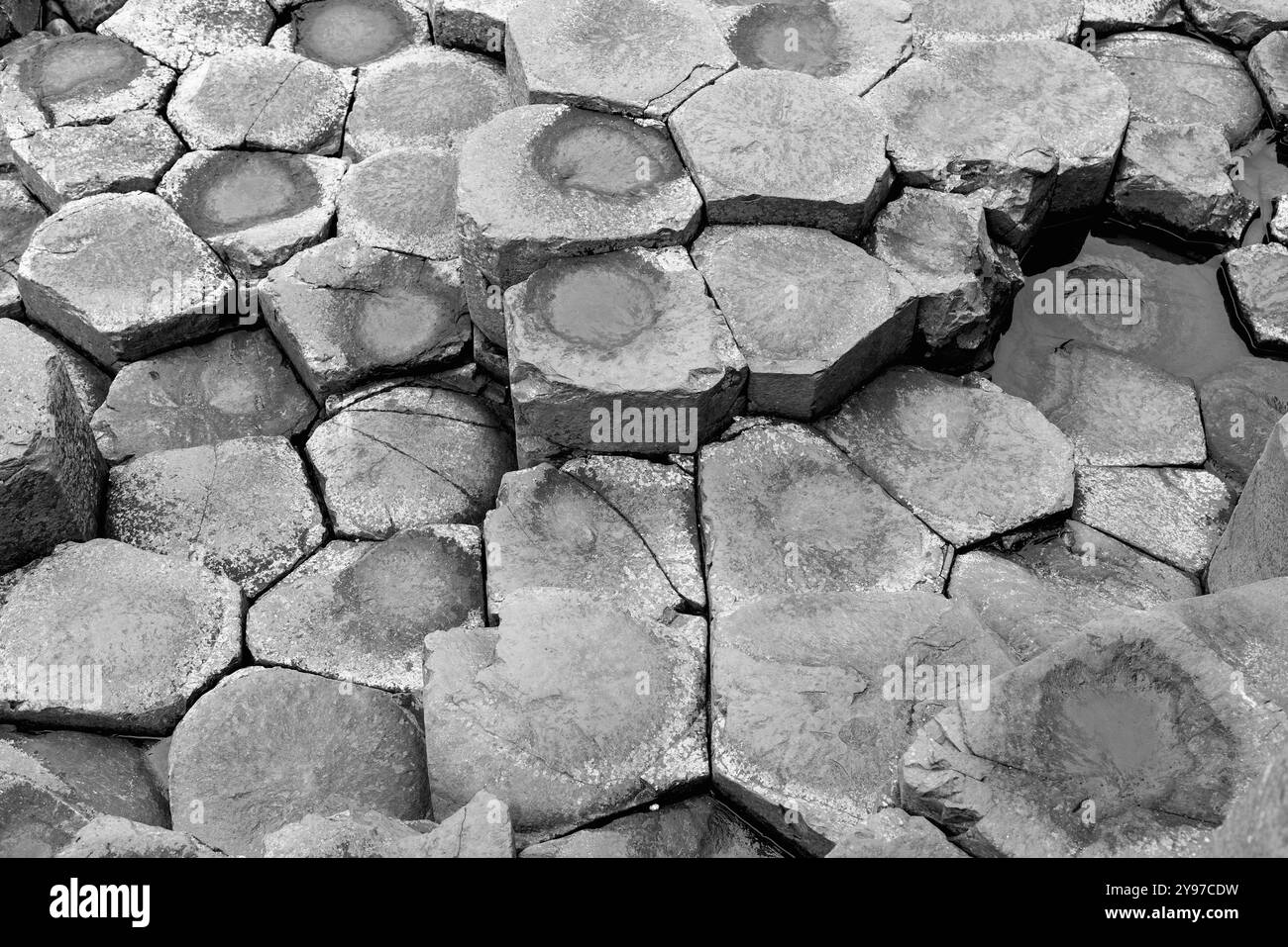 Black and white close-up of the basalt columns at Giant Causeway, shot ...